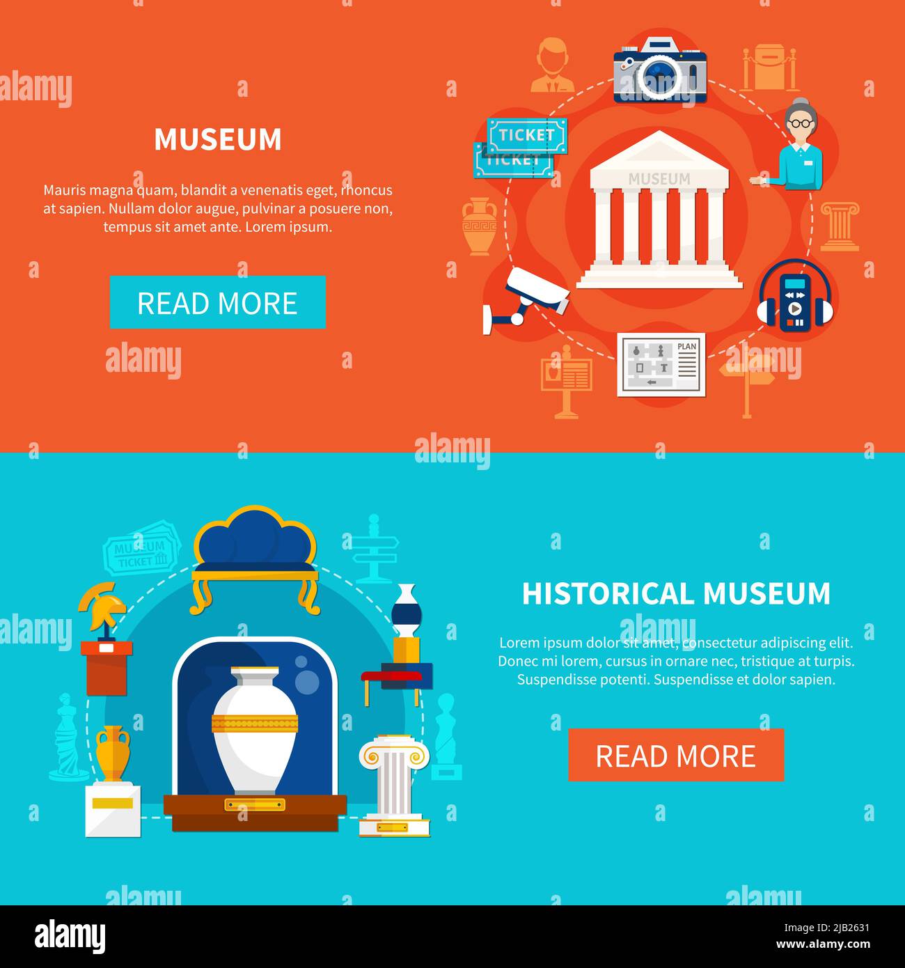 Flat horizontal banners on museum theme with historical artifacts guide ...