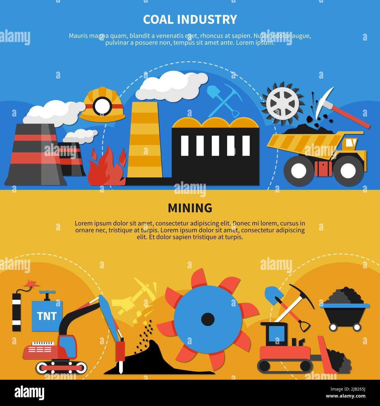 Flat design horizontal banners set with mining industry and coal ...