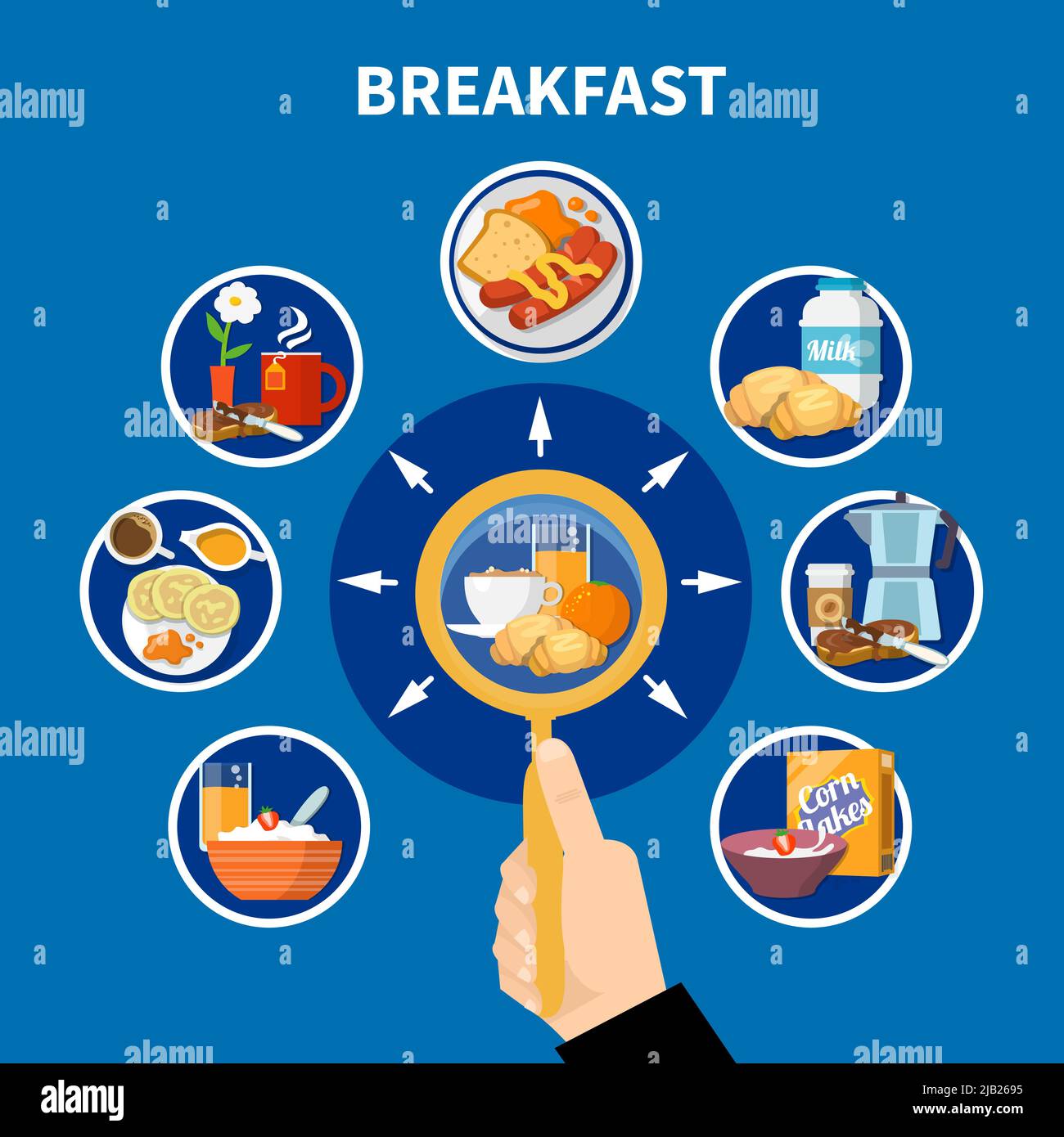 Flat design colorful concept with variants of traditional breakfast ...