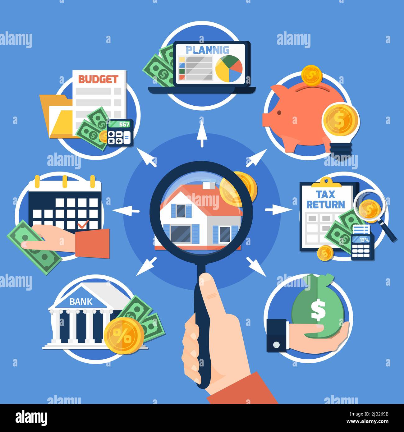 Estate tax composition on blue background with magnifier in hand, house ...
