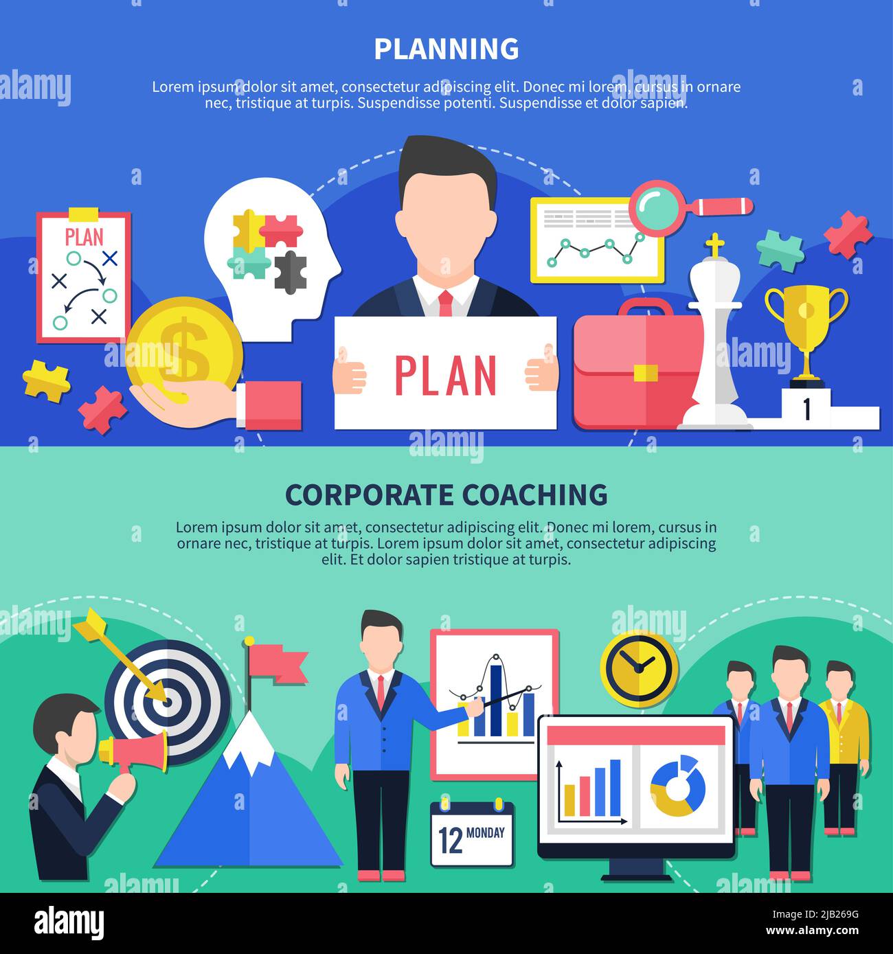 Coaching and training horizontal banners set with planning symbols flat ...