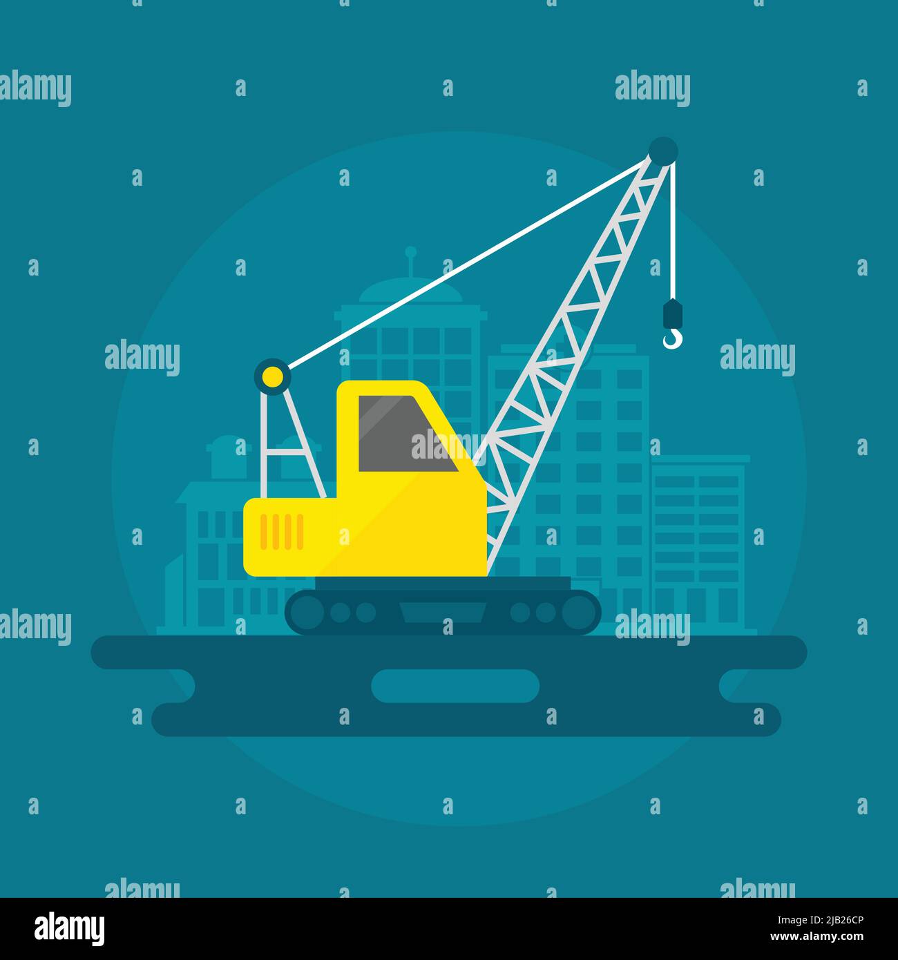 Lifting crane construction equipment with building on background flat ...