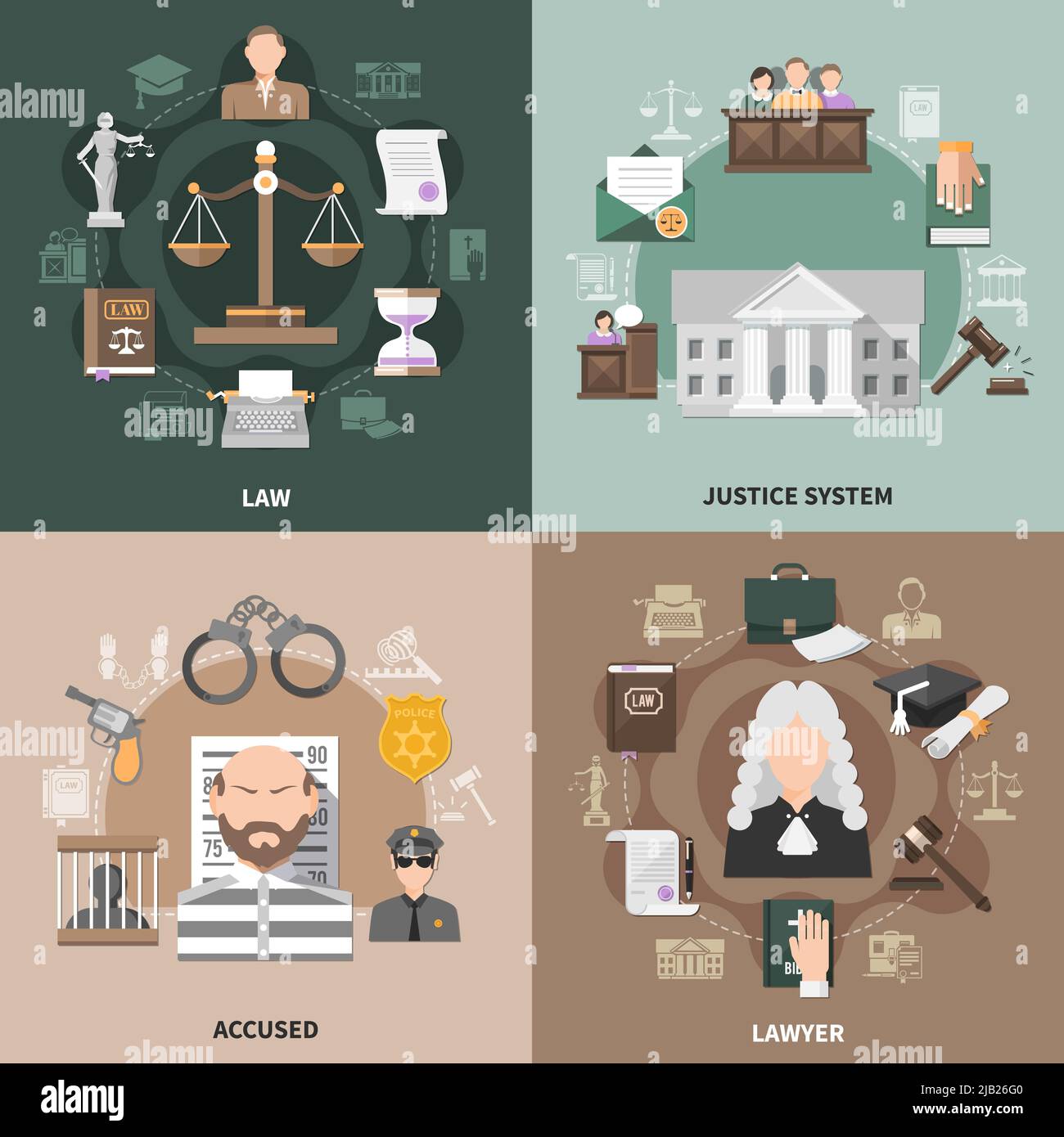 Law design concept with round compositions of flat crime and justice ...
