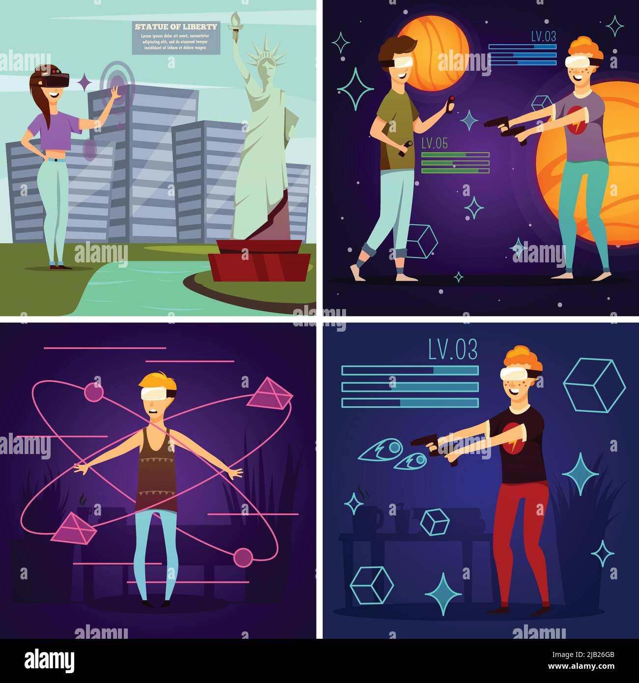 Virtual reality orthogonal flat design concept including people during ...