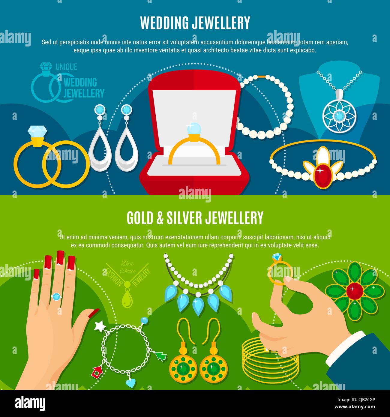 Wedding jewelry horizontal banners with gold and silver decorations ...