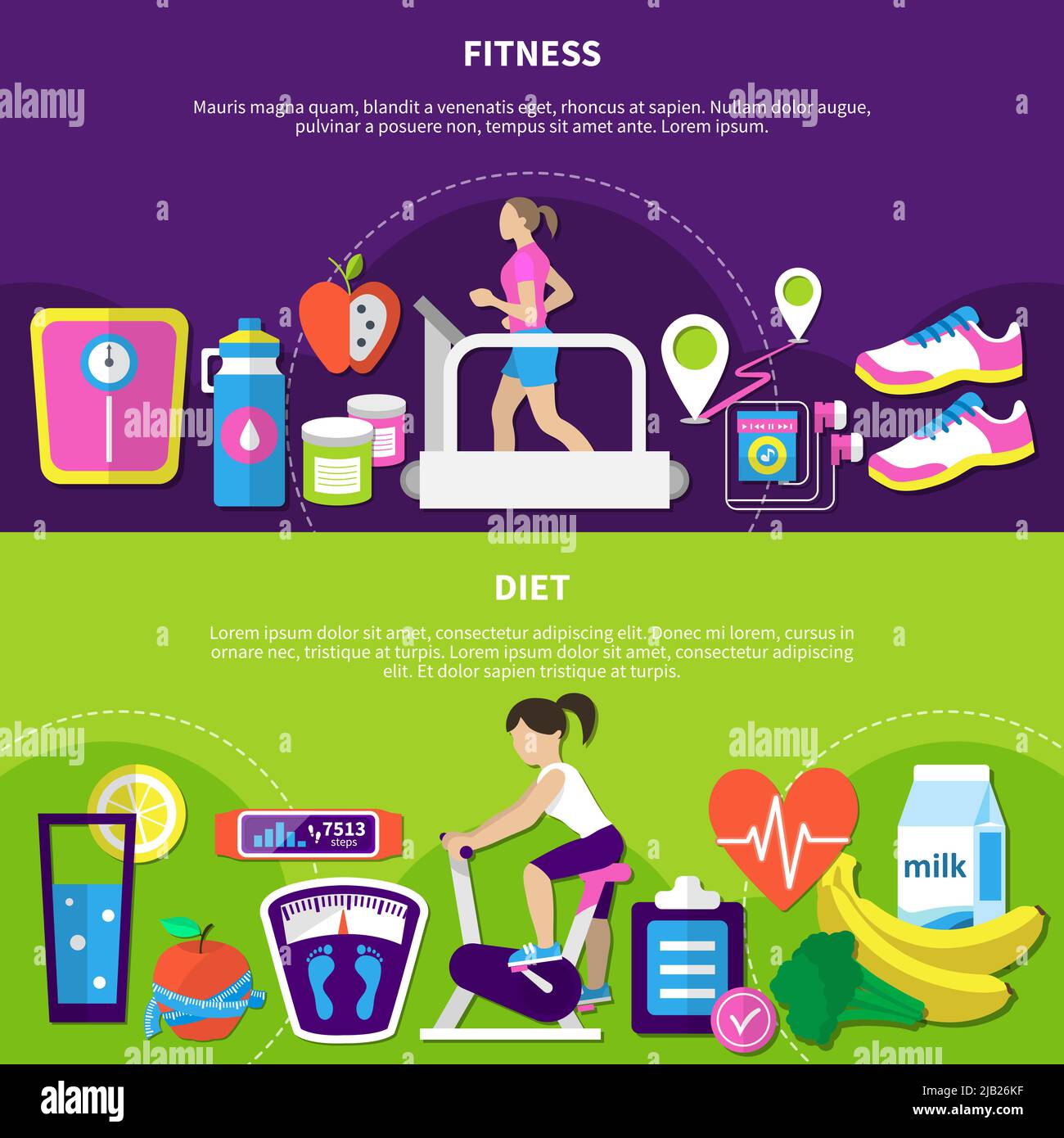 Fitness horizontal banners with women at exercise equipment, diet ...