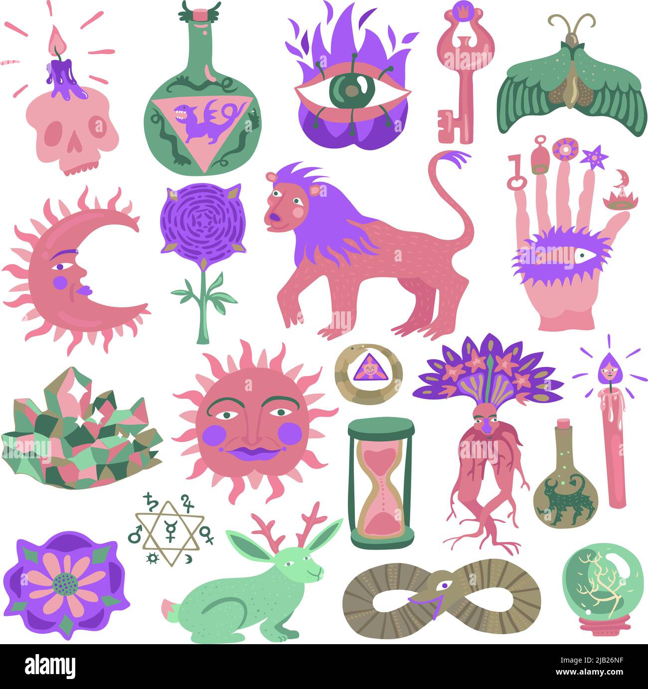 Colorful doodle tattoo design set with various magic creatures and ...