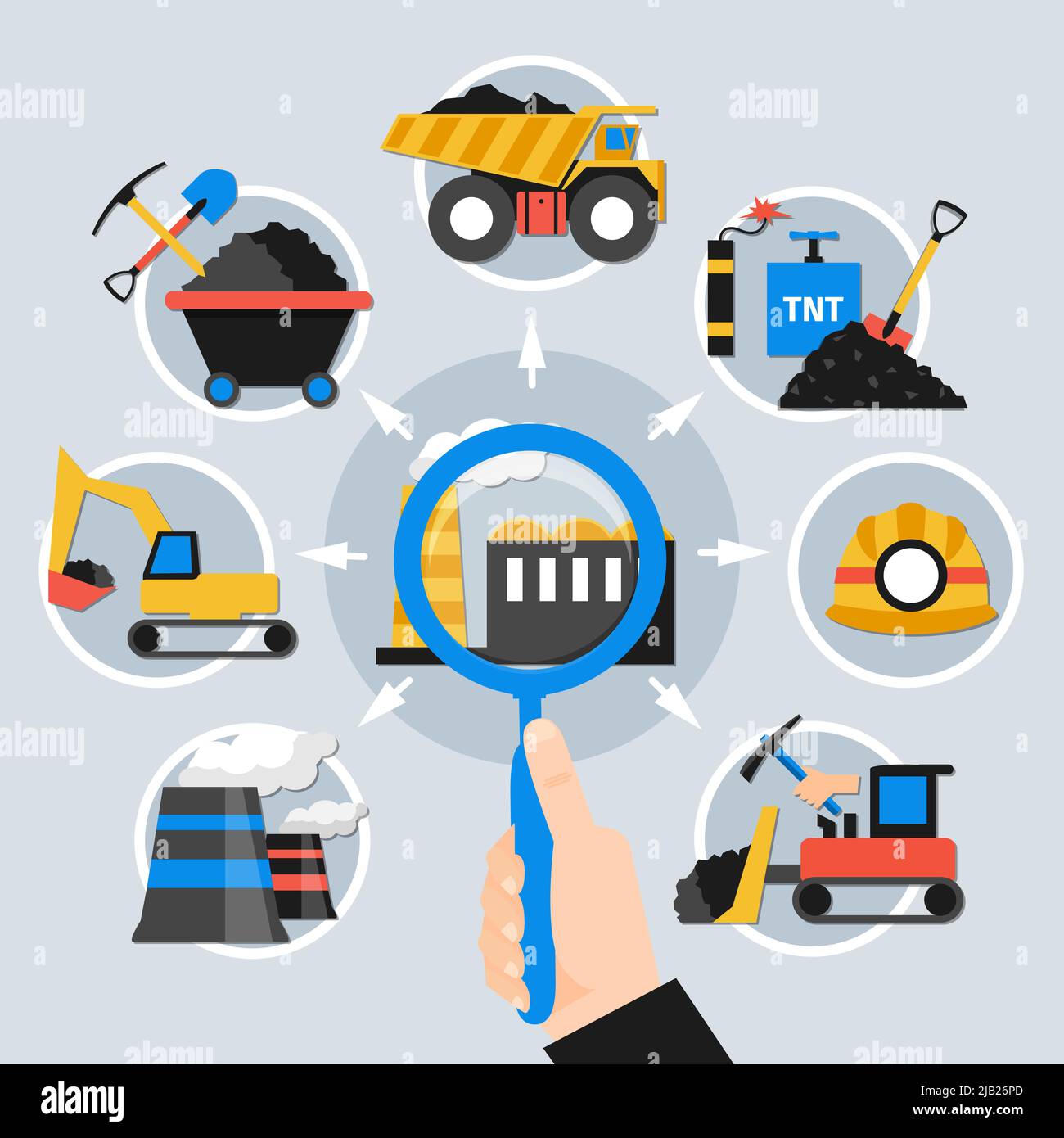 Flat design concept with mining industry elements on grey background ...