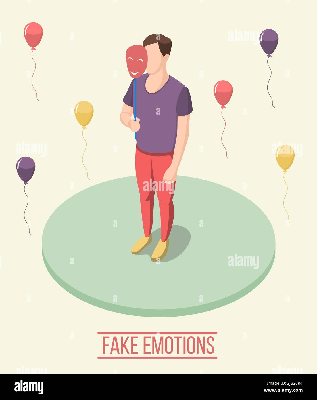Fake emotions isometric composition including man with smiling mask on ...