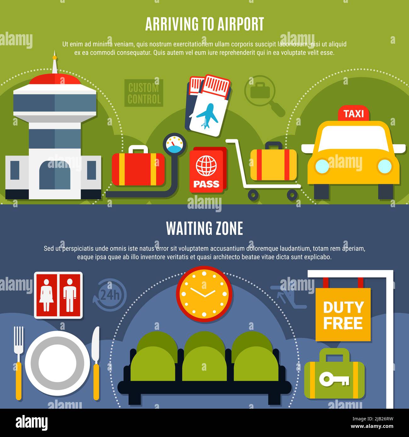 International airport service 2 bright flat horizontal banners with ...
