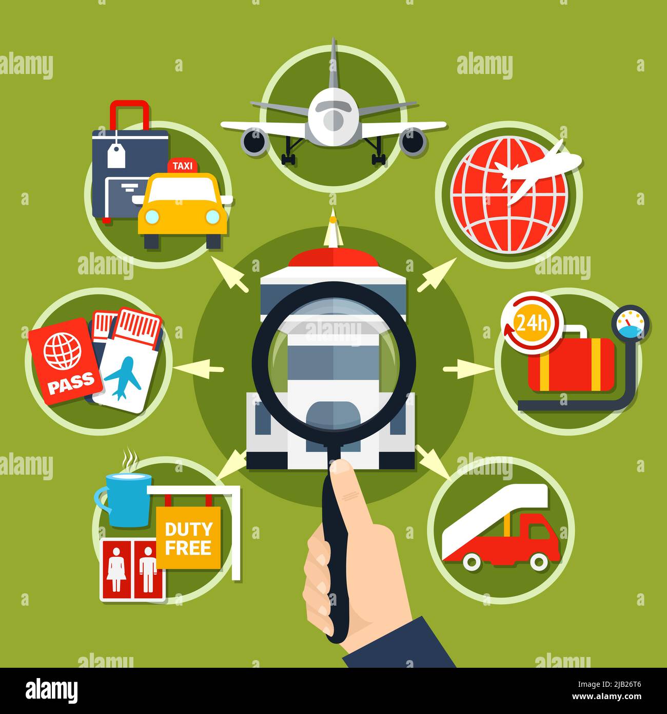 Airport passenger services symbols flat icons circle composition poster ...