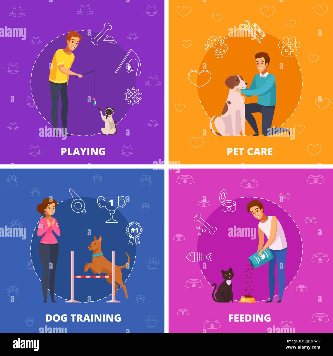 People with pets 2x2 design concept with pet care dog training playing ...