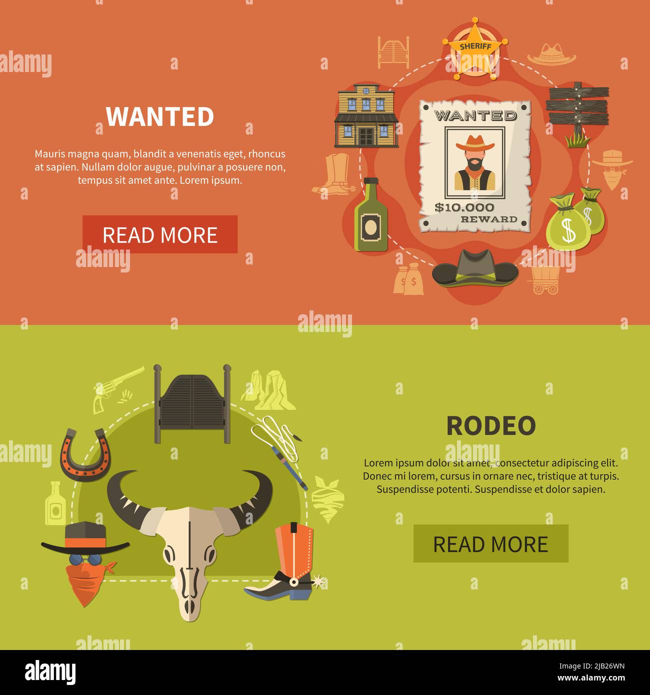 Set of flat horizontal banners with wanted bandit poster, sheriffs ...