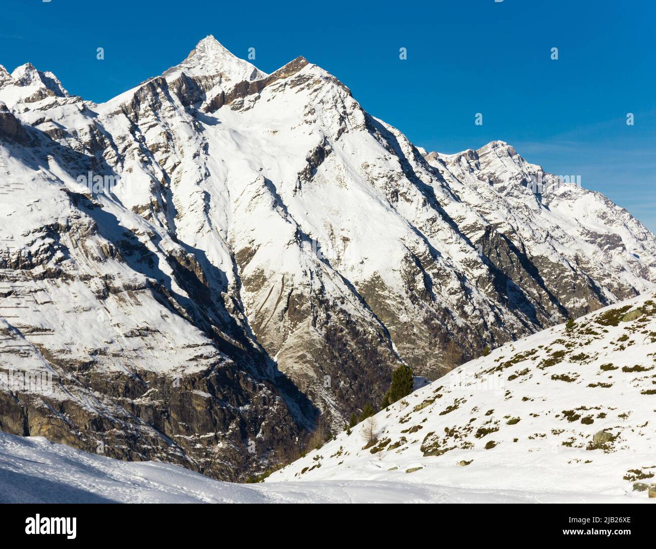 Snowy mountain Matterhorn during the day in winter. Zermatt, swiss alps ...