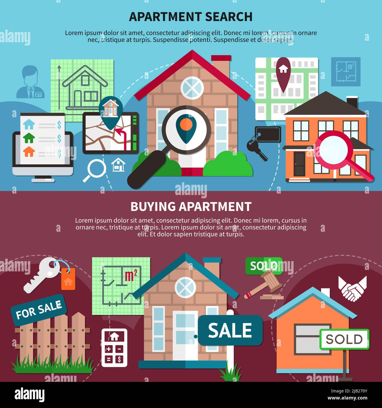 Flat real estate composition set with apartment search and buying ...