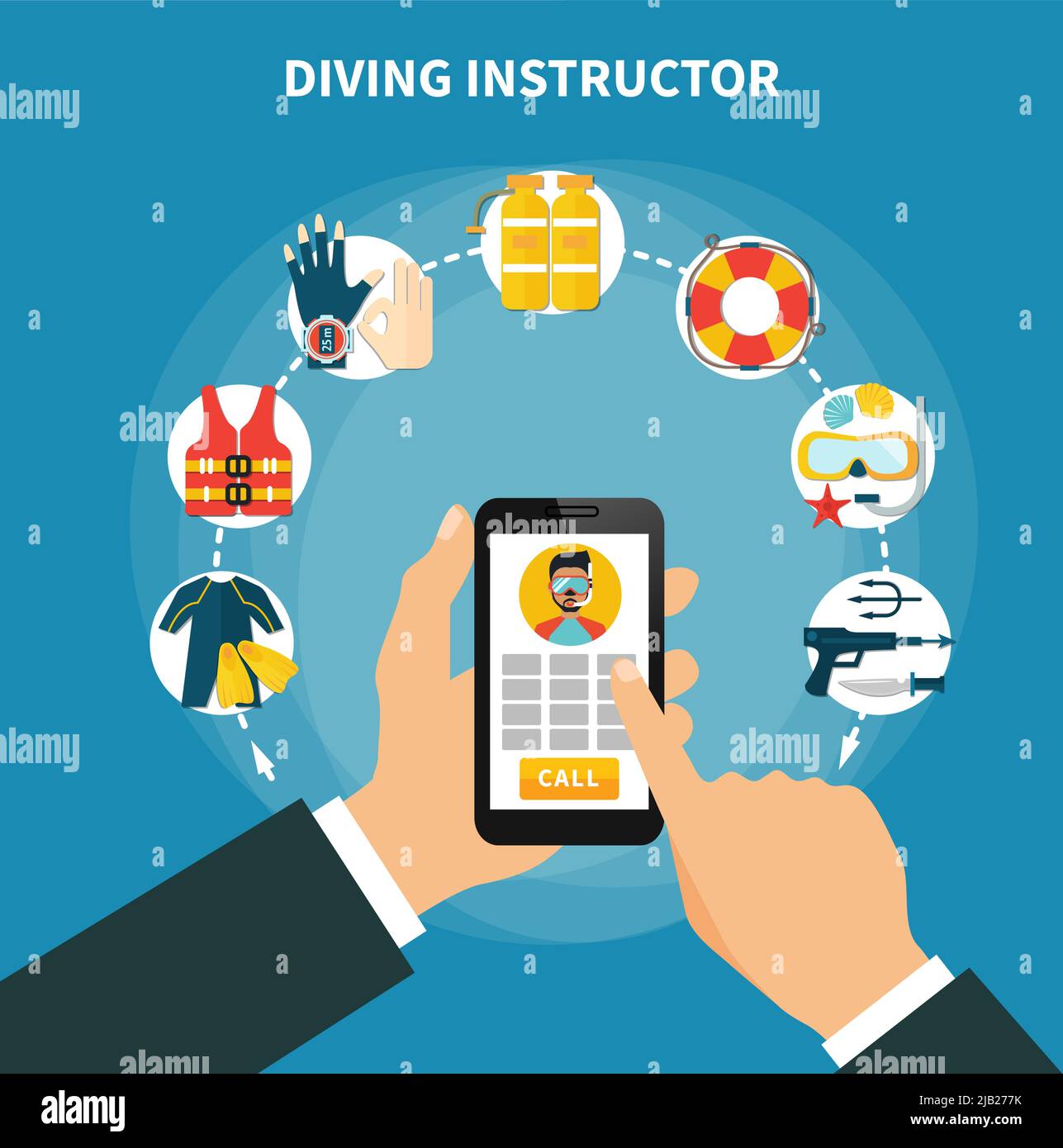 Diving instructor composition with smartphone in male hands, scuba gear ...