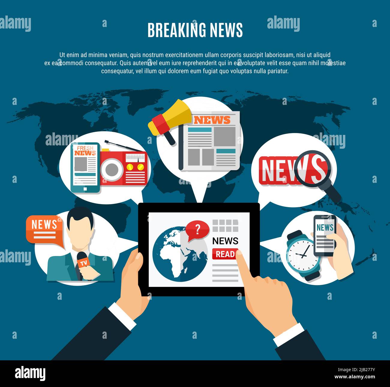 Breaking news background with fresh information on tablet screen tv ...