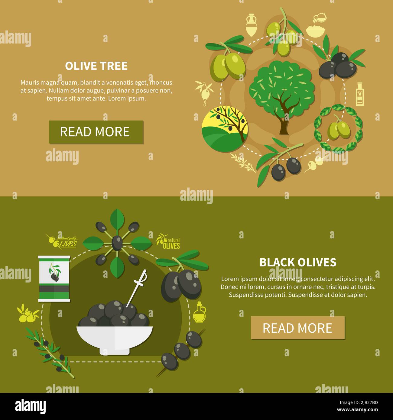 Set of horizontal banners with black olives and tree with green fruits ...