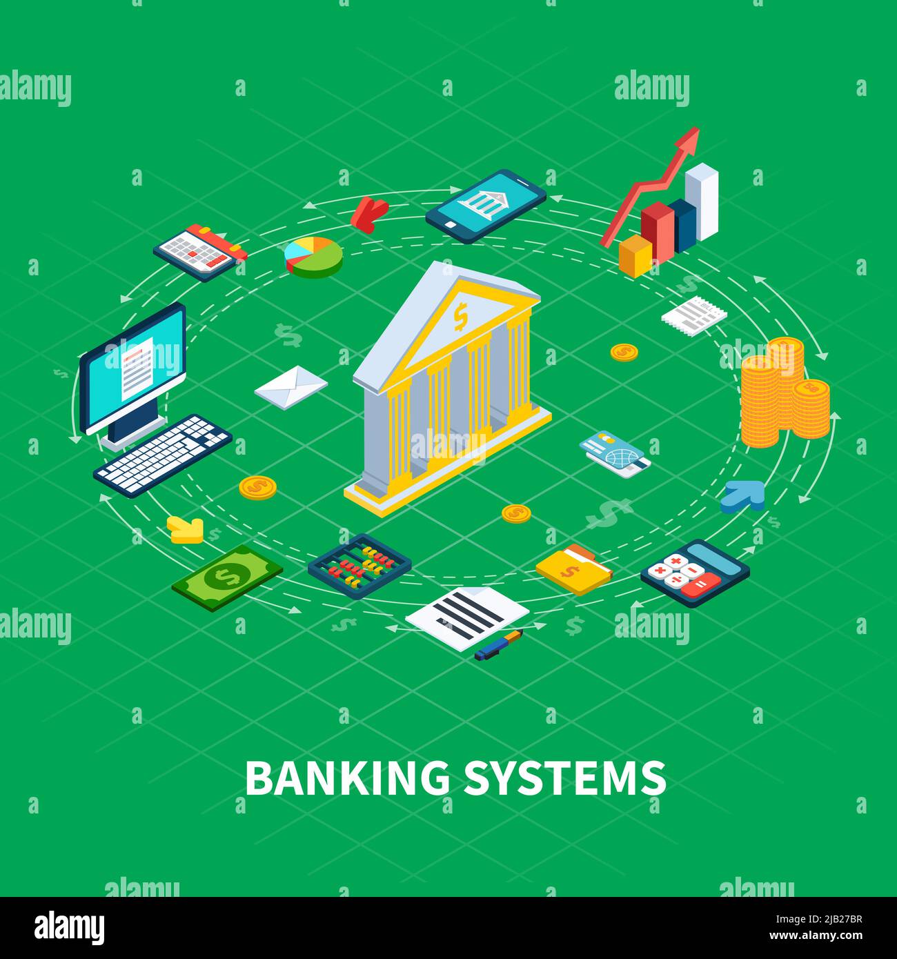 Data isometric round composition of organiser items and money icons ...