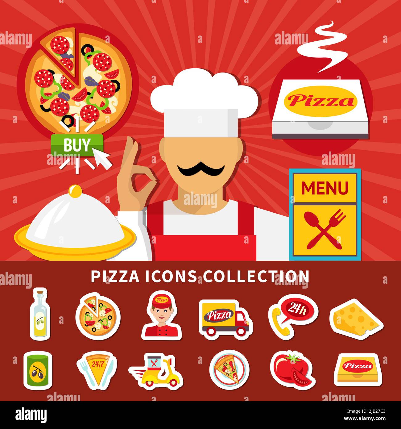 Pizza icon set with isolated emoji style images of pizzeria menu items ...