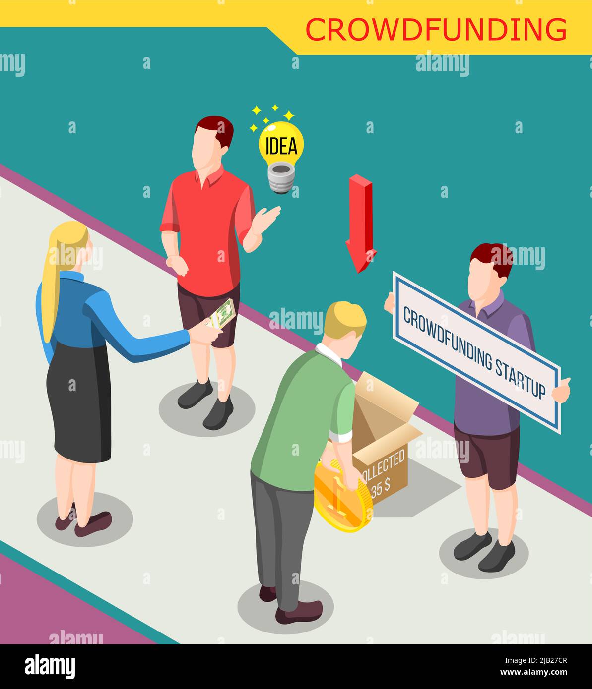Collect money for crowdfunding startup isometric background with ...