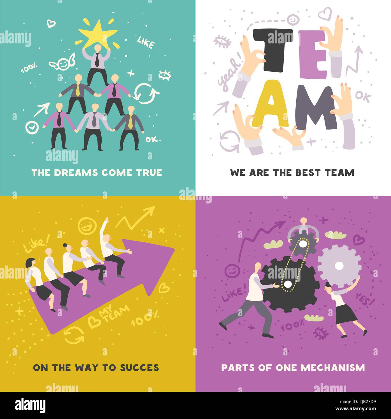 Effective teamwork concept 4 icons square poster with cogwheels and ...