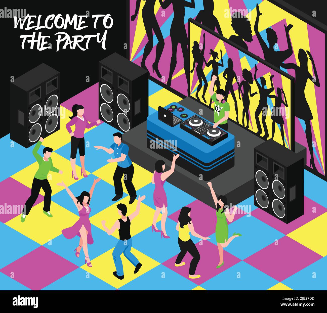 Dj and party composition with entertainment nightlife and music symbols ...