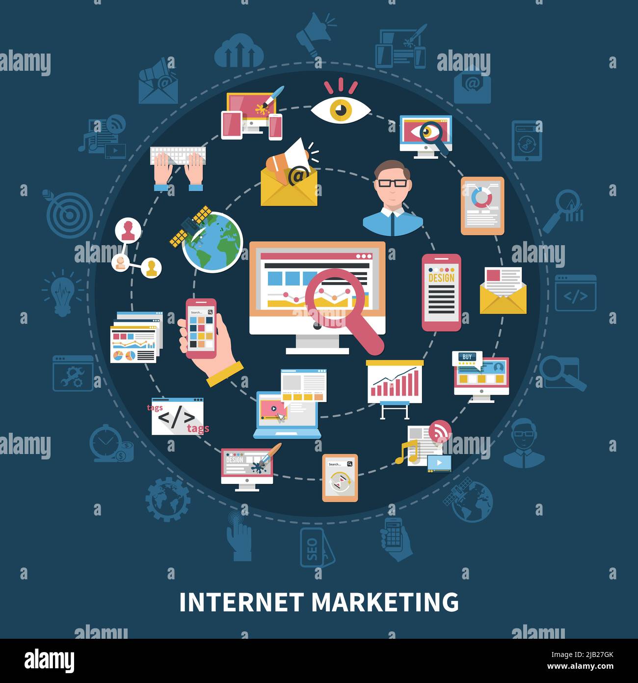 Internet marketing round composition on dark blue background with seo ...