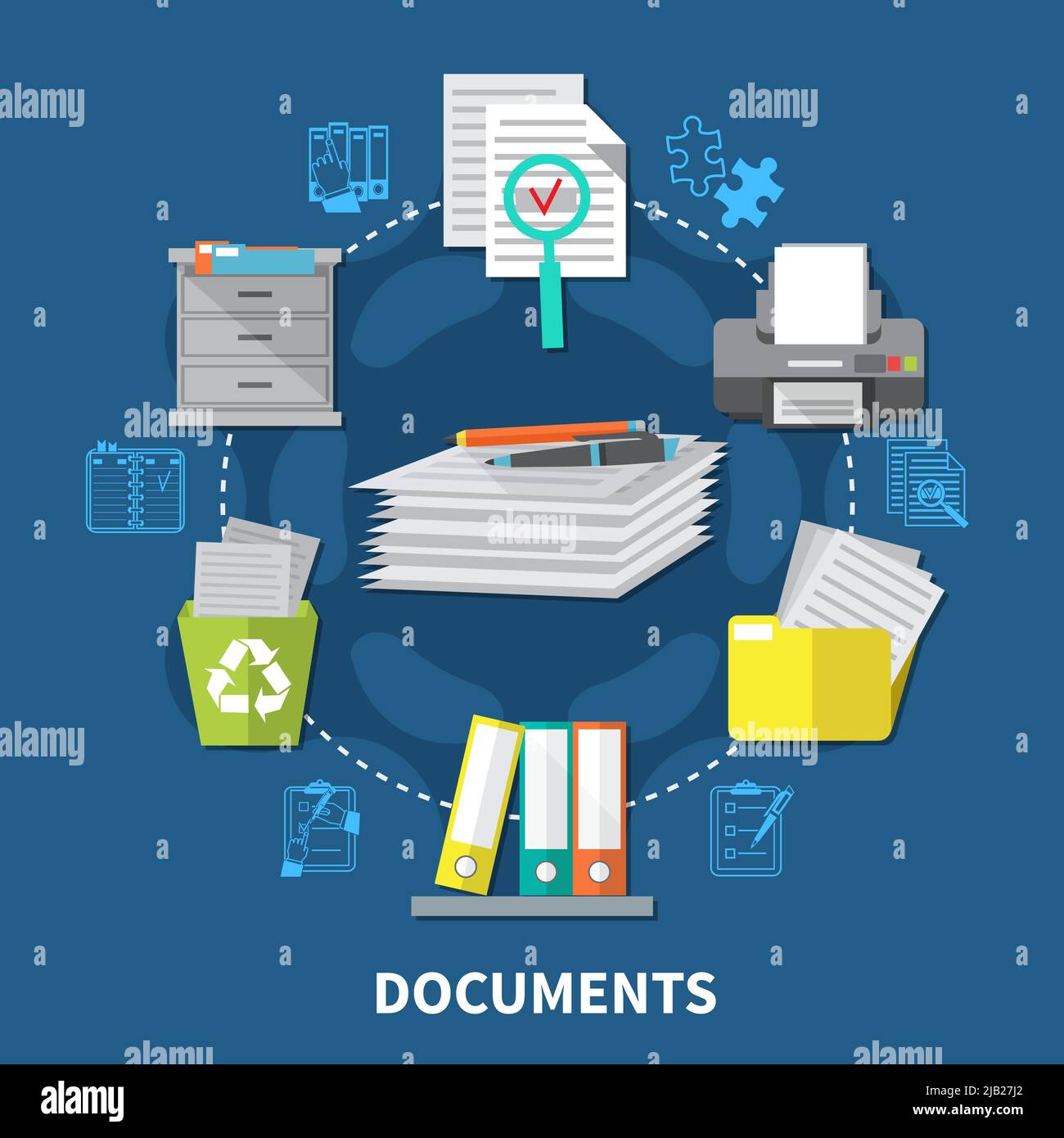 Business items composition with workflow and stacks of paper in the ...