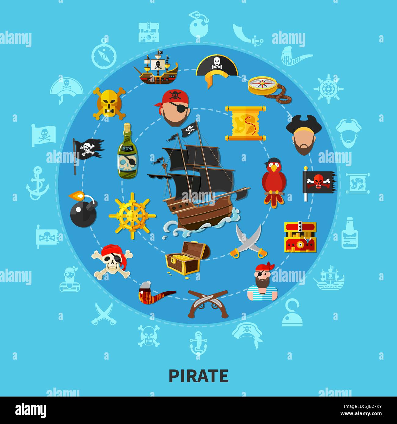 Pirate attributes including sail ship, weapon, treasure, map, parrot ...