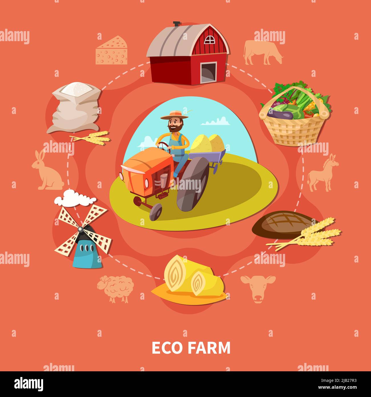 Farm cartoon colored composition with eco farm headline and different ...