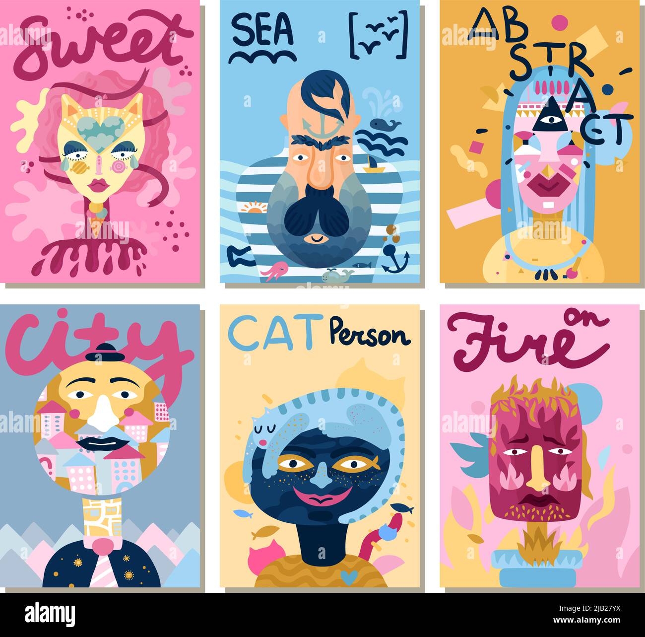 Human inner world 6 abstract symbolic cards collection with sweet sea ...