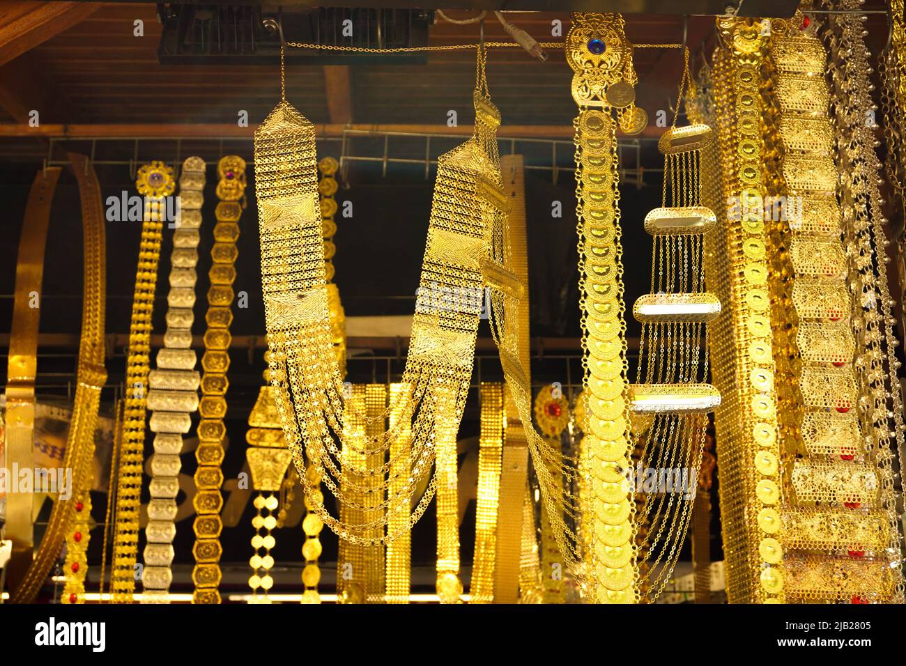 Gold wedding arrangements and jewellery at Sanliurfa Turkey Stock Photo ...