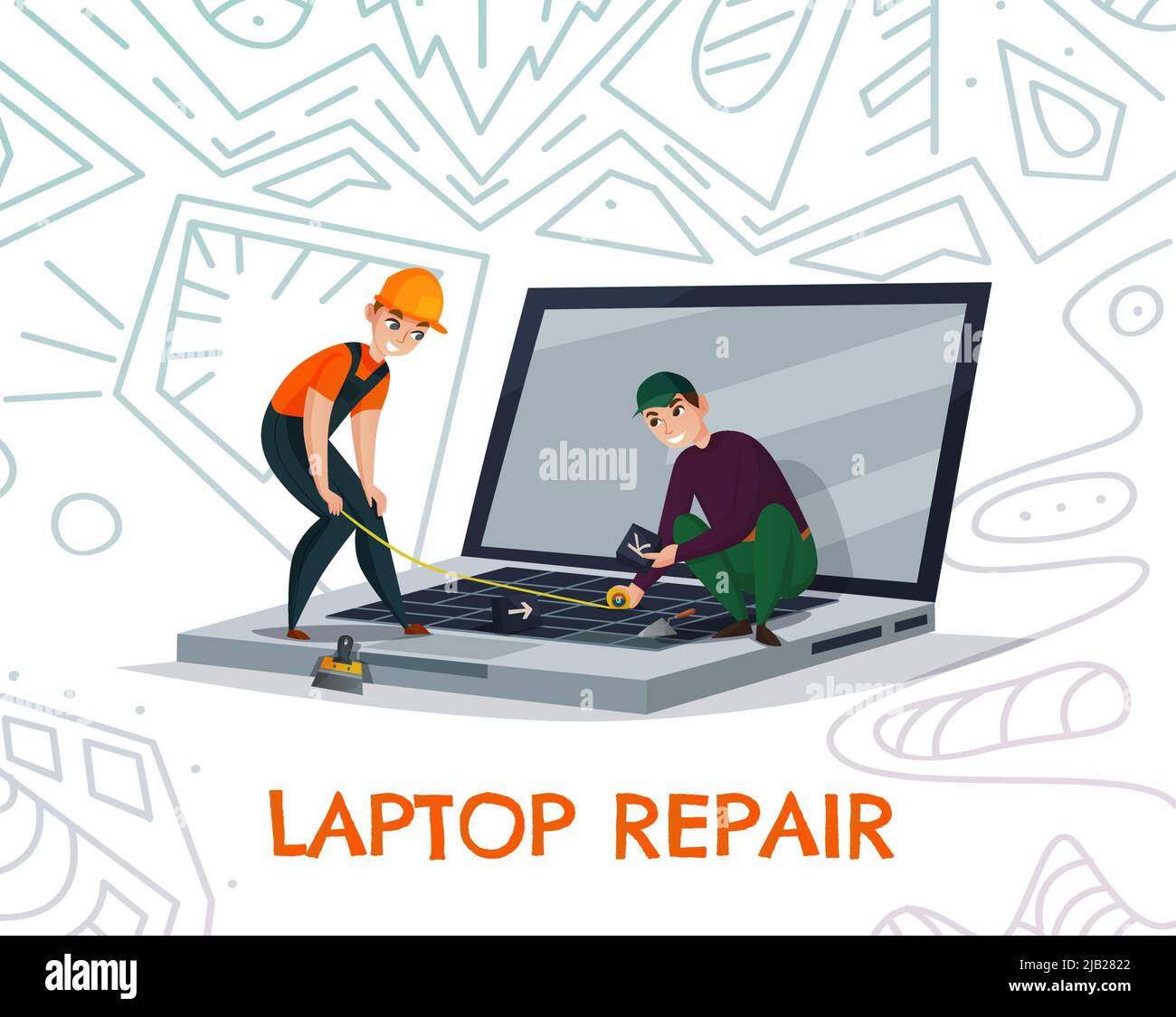 Laptop repair with electronics and technology work symbols flat vector ...