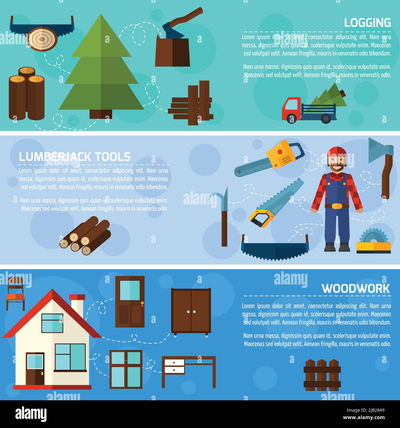 Woodworking industry horizontal banners set with logging lumberjack ...