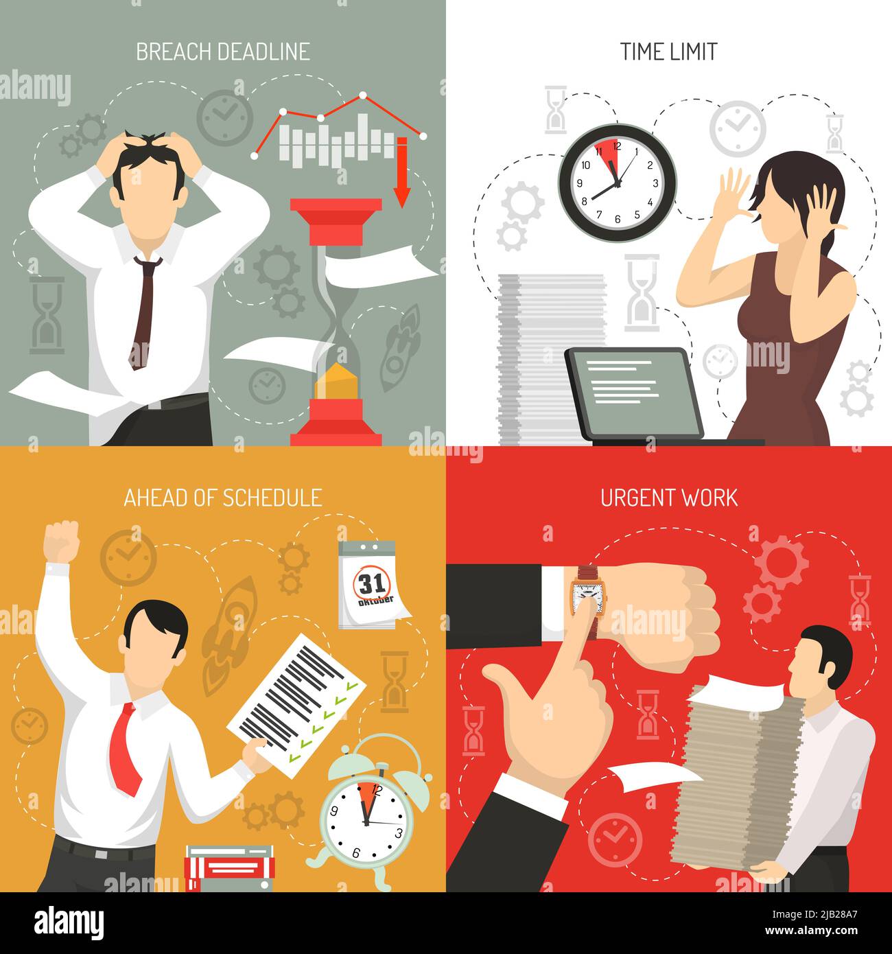 Meeting deadlines 4 flat icons concept with working ahead schedule and ...