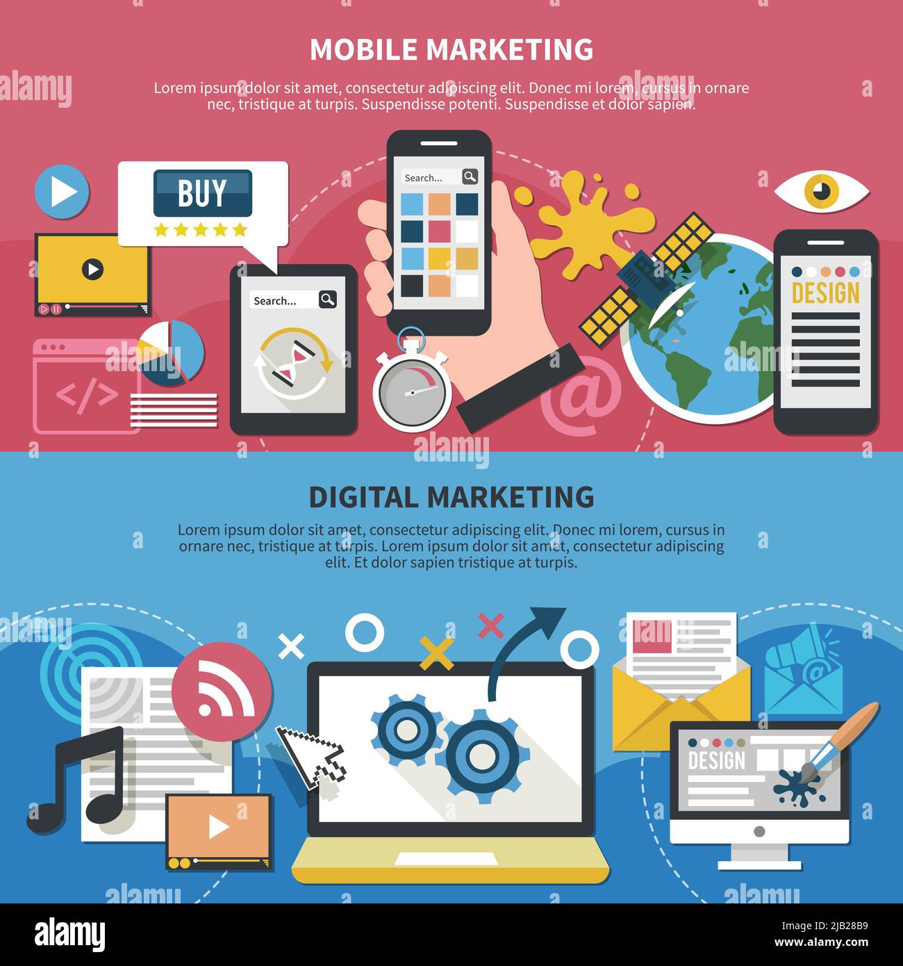 Set of horizontal banners with mobile apps, graphic design, satellite ...