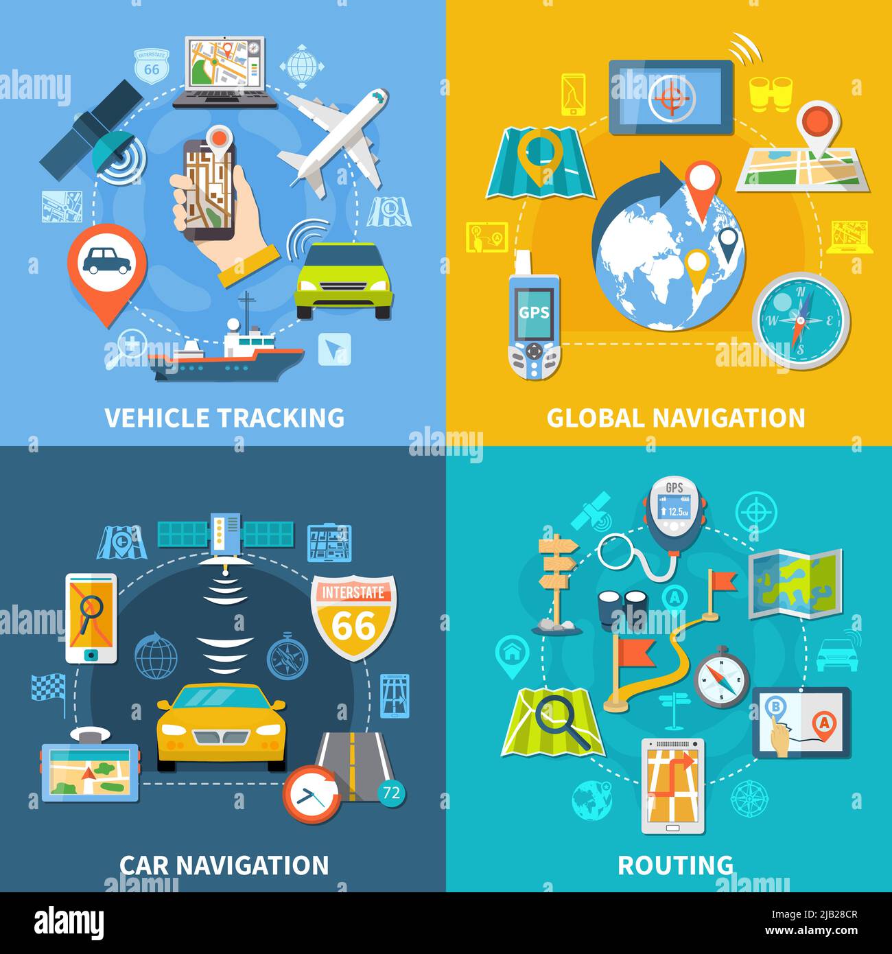Navigation design concept with four compositions flat pictograms and ...