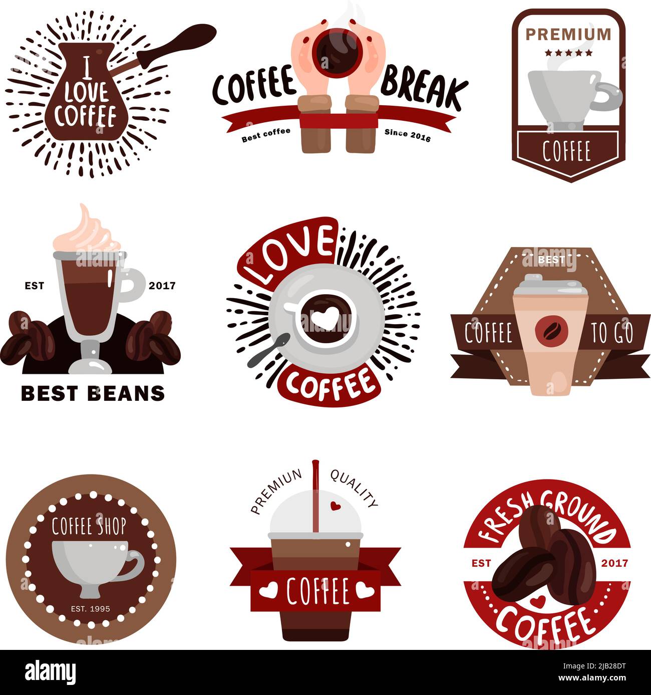 Coffee production flat colored emblems badges and labels for coffee ...