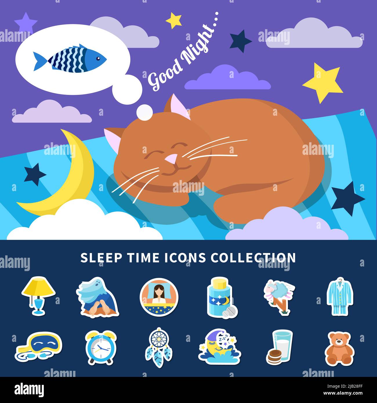Sleeping time flat icons collection with night dreaming red cat banner ...