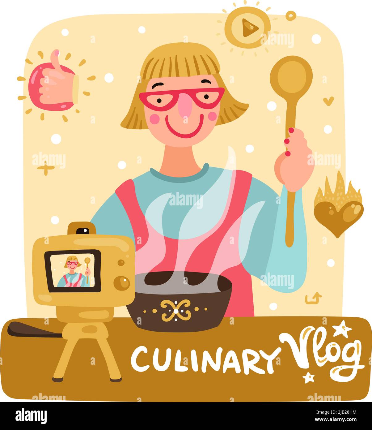 Video blogger background with culinary vlog symbols flat vector ...