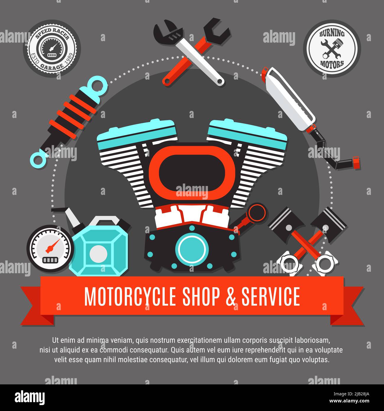 Motorcycle shop and service design concept with engine pistons ...