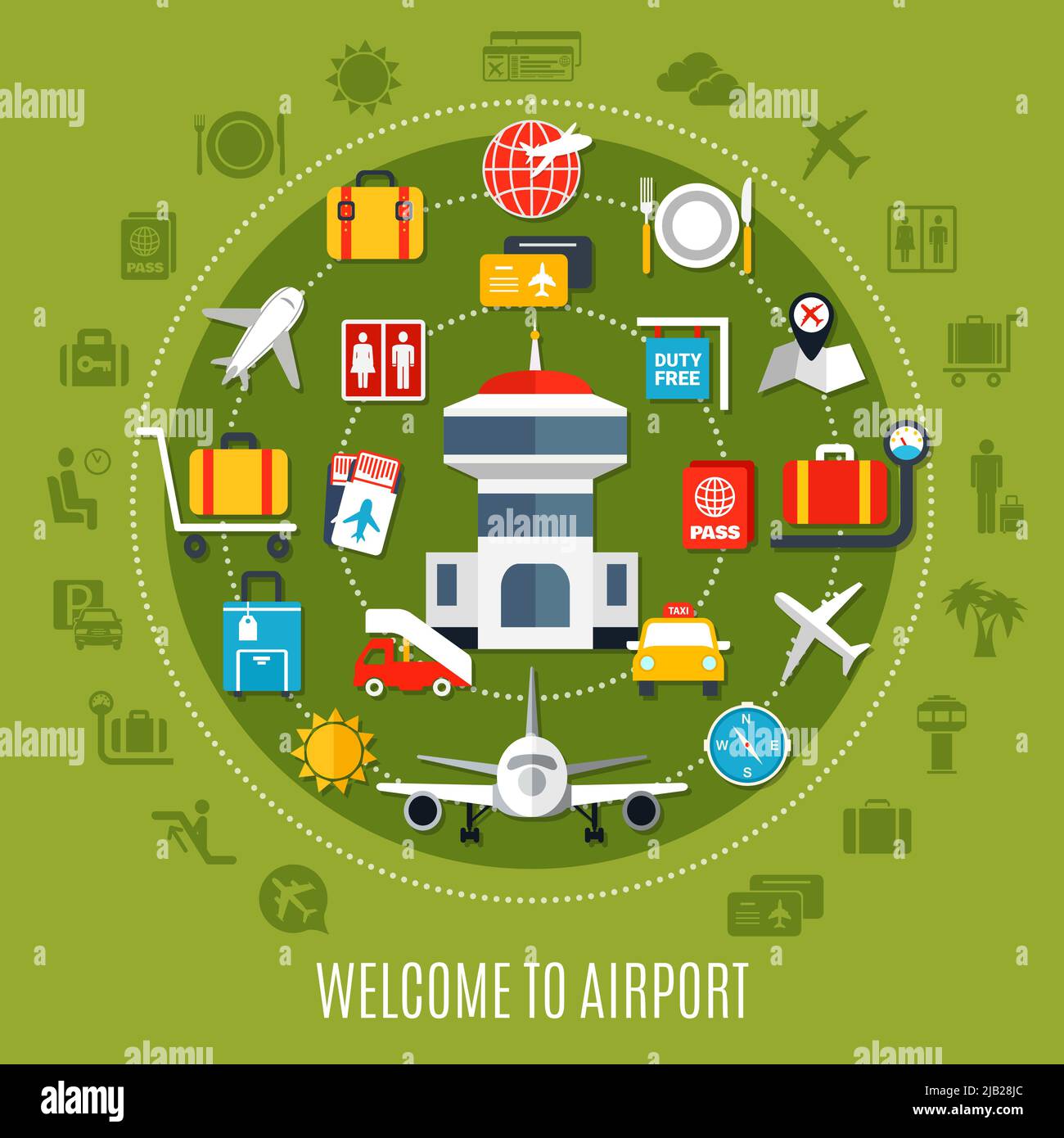 International airport welcome air travel passengers flat ad poster with ...