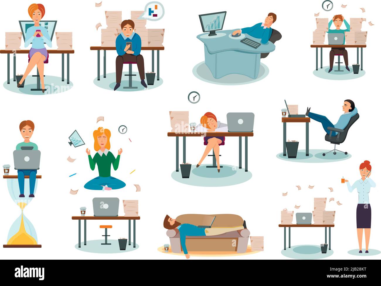 Procrastination characters overwhelmed with work delaying tasks ...