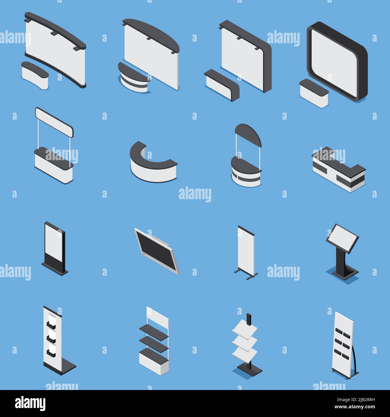 Isometric set of various exhibition stands and shelves isolated on blue ...