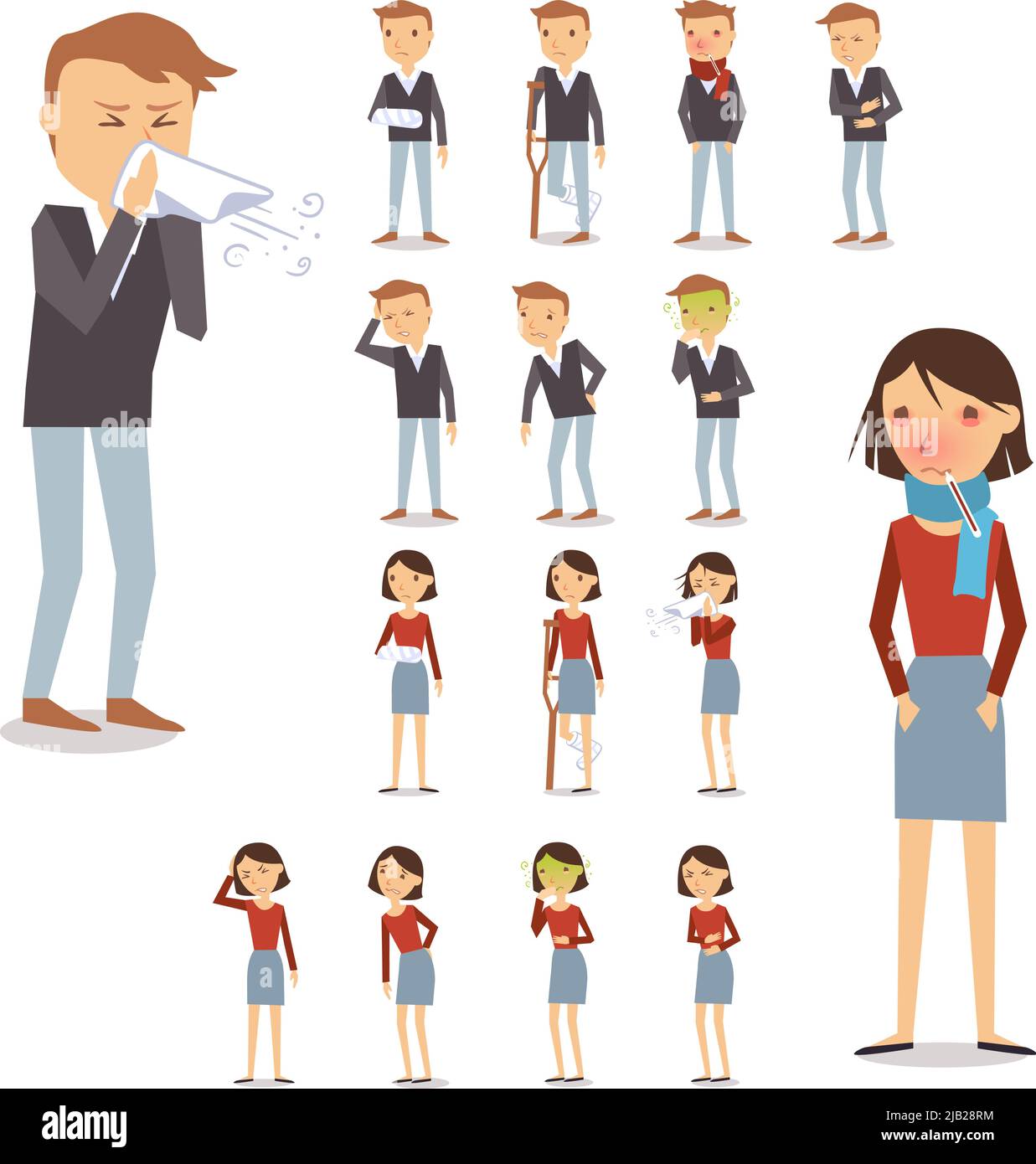 Sick people characters set with men and women coughing blowing sneezing ...