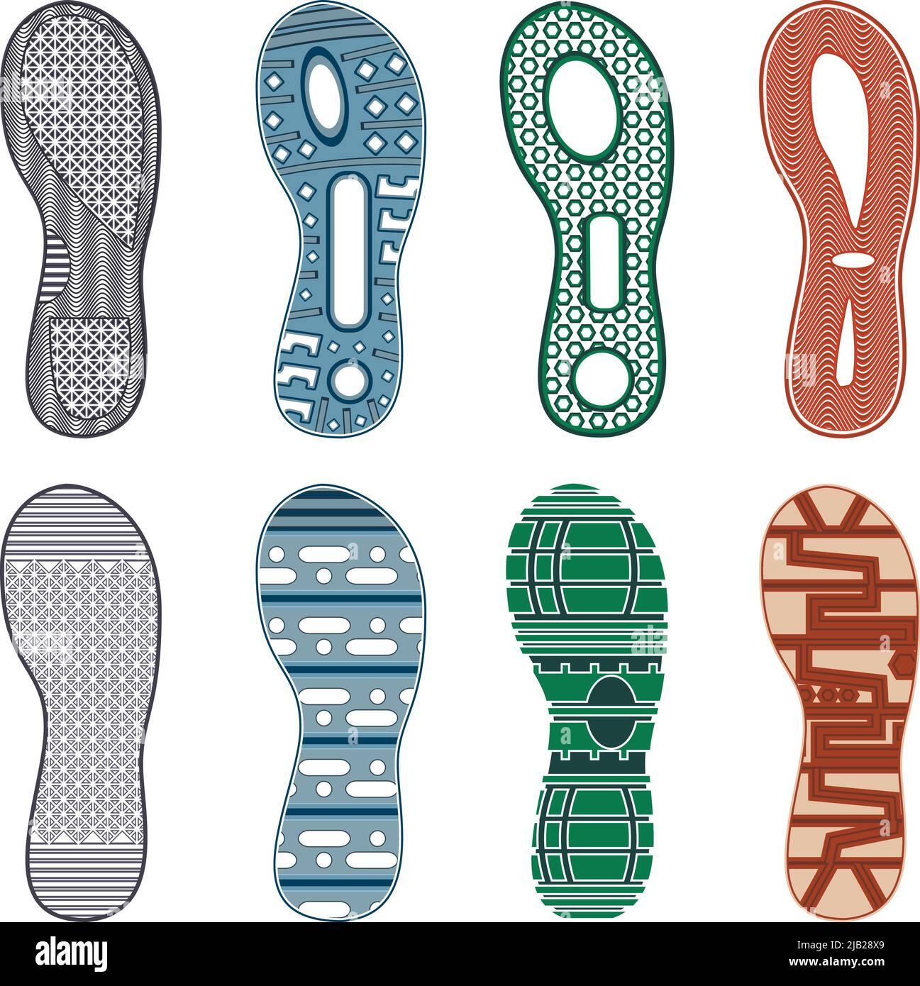 Sport shoes footprints colored set of different patterns on white ...