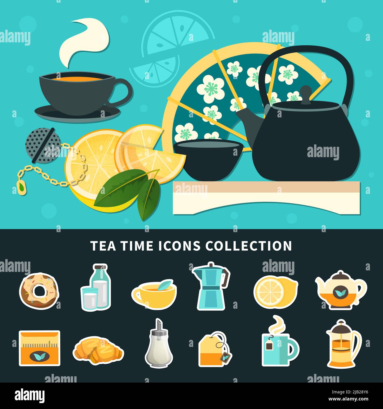 Tea time icons collection with cups, pots, fan, sugar, milk, lemon and ...