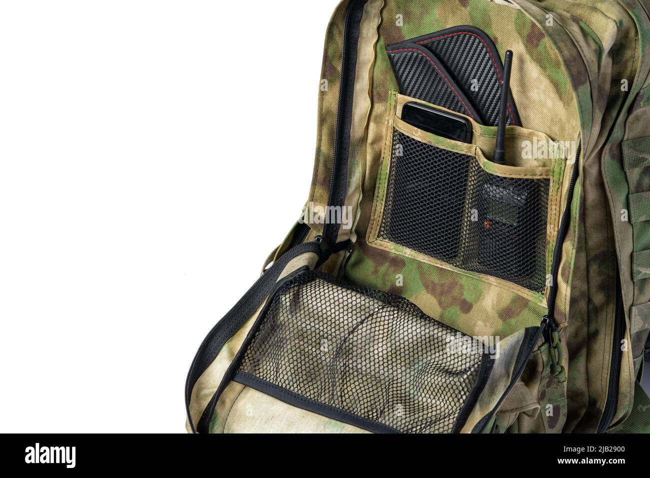 Open military backpack of khaki color on a white background Stock Photo - Alamy
