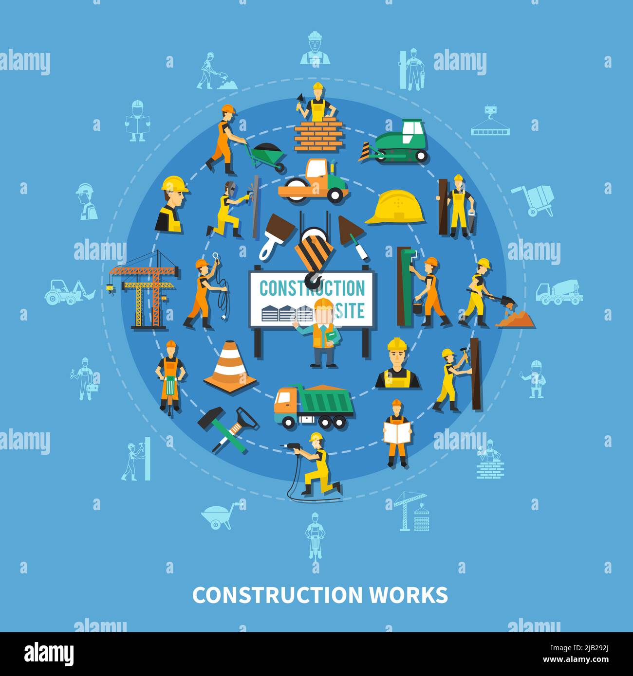 Construction worker colored composition with isolated icon set combined in big flat style round ...